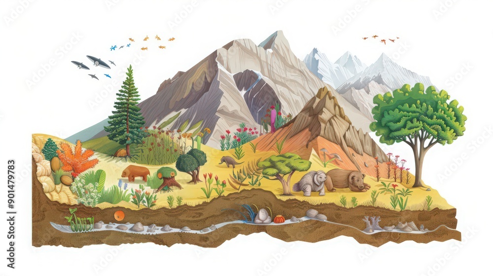 Diagram of a mountain ecosystem, showing elevation zones, plant and ...