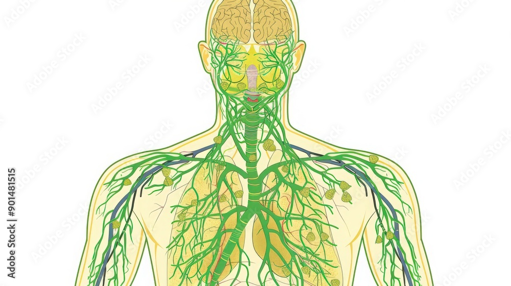 Diagram of the lymphatic system, with lymph nodes, vessels, and organs that are crucial for ...
