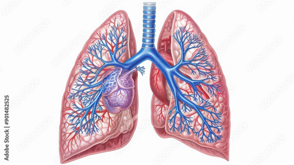 Diagram of the respiratory system, showing the lungs, bronchi, and ...