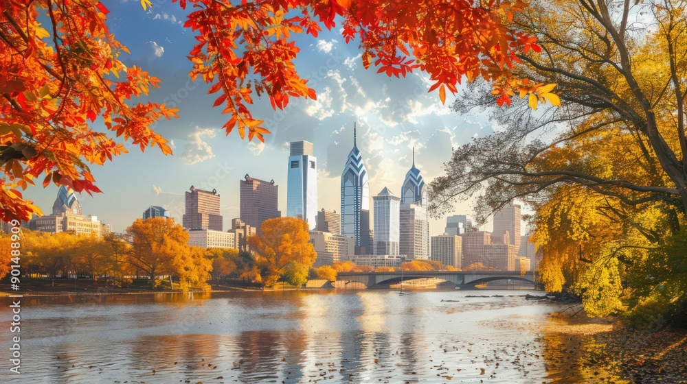 Showcase the Philadelphia skyline during a crisp autumn day, with ...
