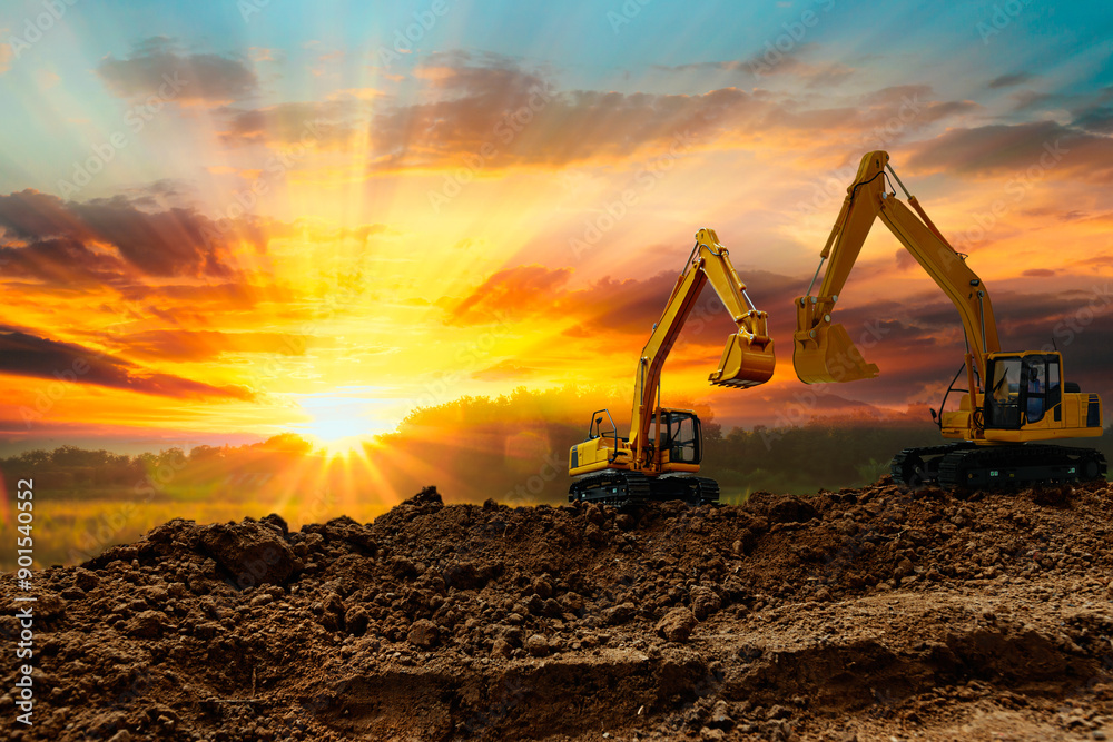 Crawler Excavators with are digging the soil in the construction site ...