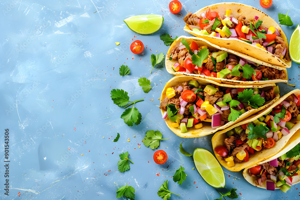 Mexican tacos on a blue background with vegetables and chili. Flat lay ...