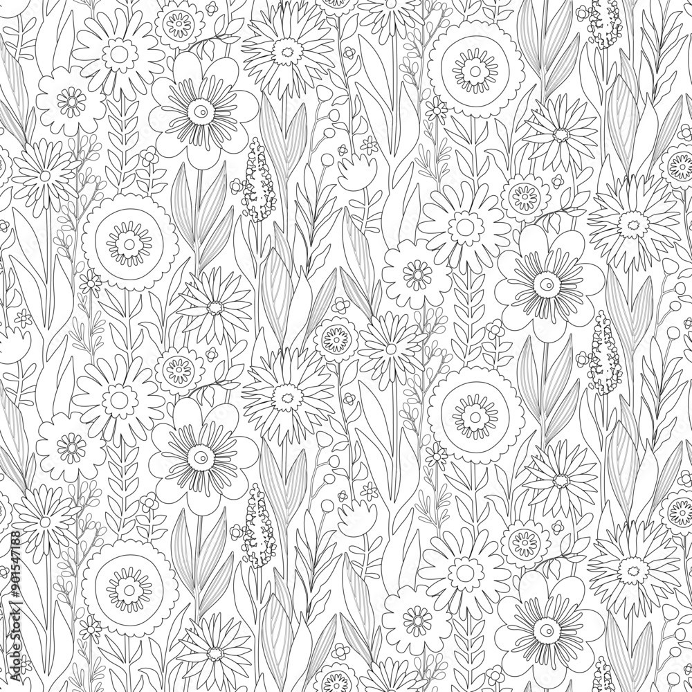 Half Drop Floral Seamless Pattern of Flowers and Leaves in Line Art ...
