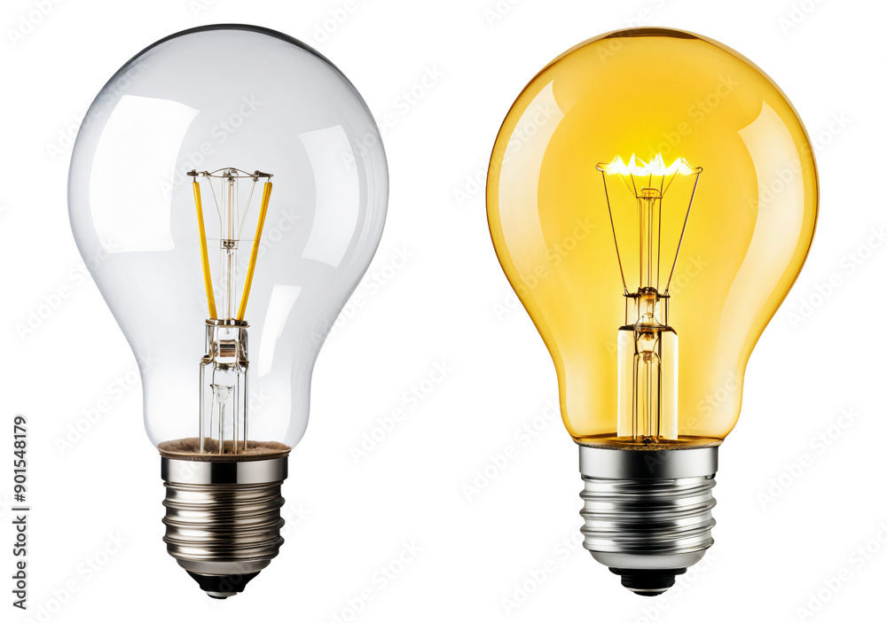 Yellow light bulb in switch off and switch on state isolated on a ...