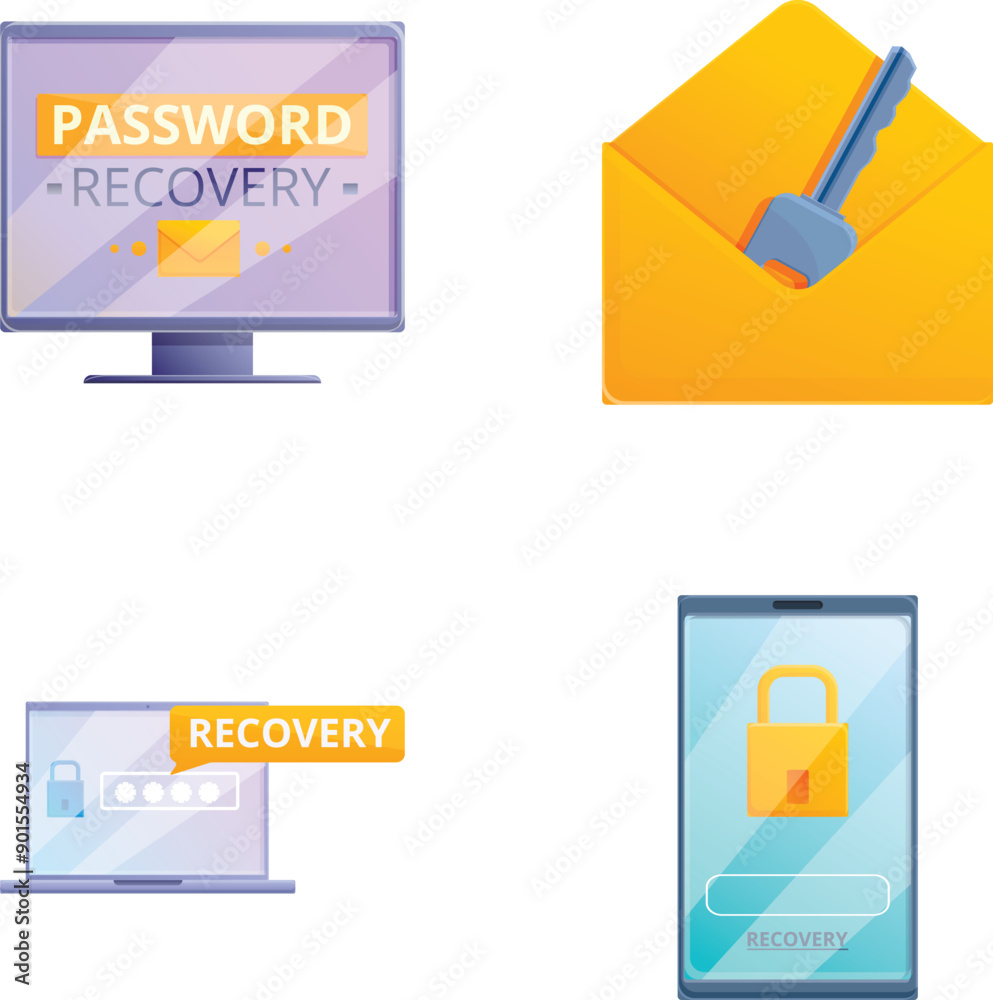 Recovery username icons set cartoon vector. Recovery of password for ...