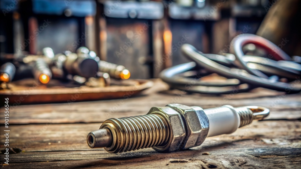 Worn spark plug removed from engine block, new one lying beside, with ...