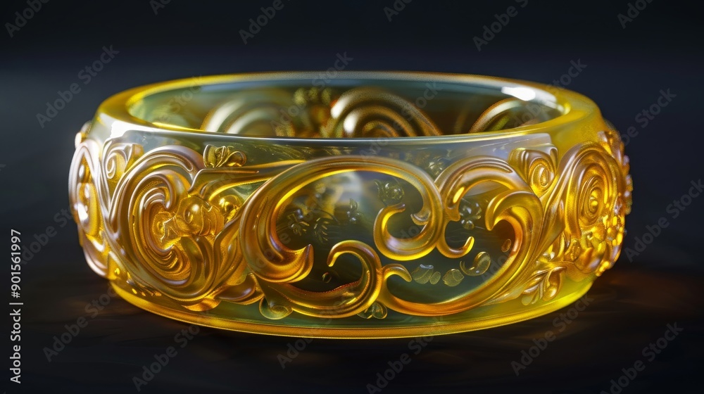 At the base of this yellow glass object is a circular design in black ...