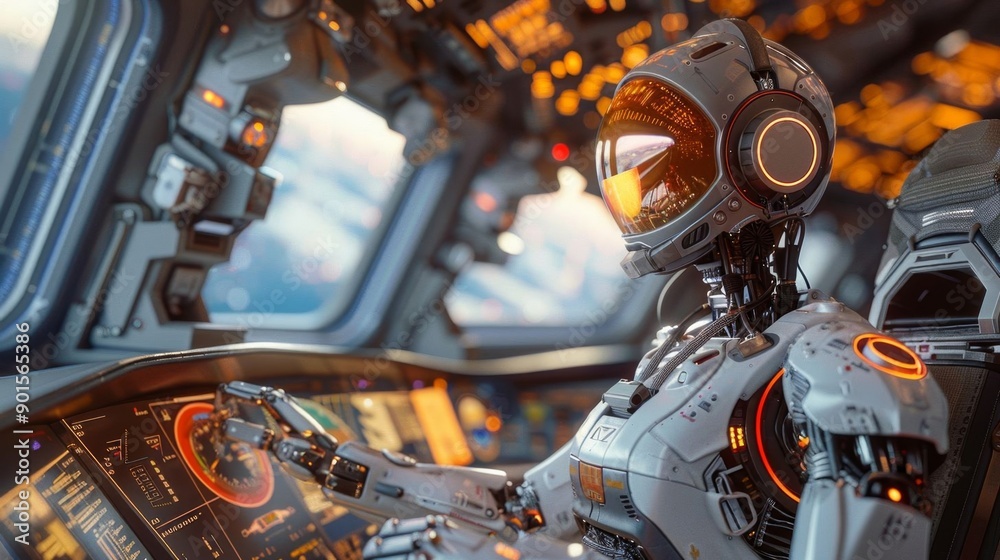 A humanoid robot is piloting an aircraft from the cockpit, surrounded ...