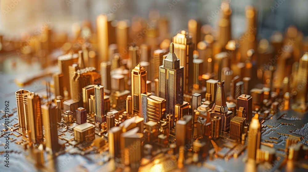 Golden miniature cityscape model, detailed and modern architecture ...