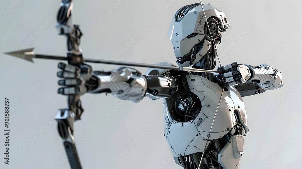 Robot Archer Aiming Bow: A precision-engineered robot drawing back a ...