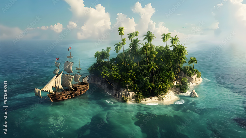 Remote island with pirate flag, shipwreck, treasure chest, palm trees ...