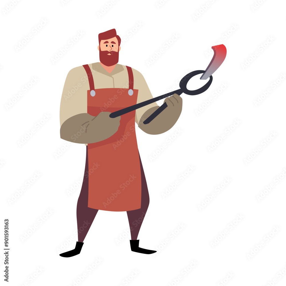 Blacksmith man holds forceps with hot iron piece, vector cartoon ...