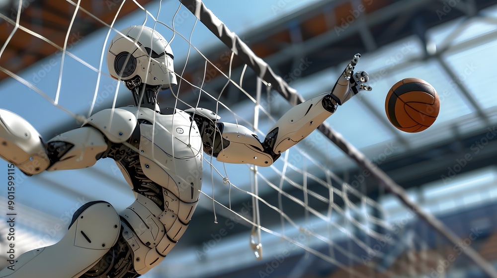 Robot Volleyball Player Spiking Ball: A tall robot leaping to spike a ...