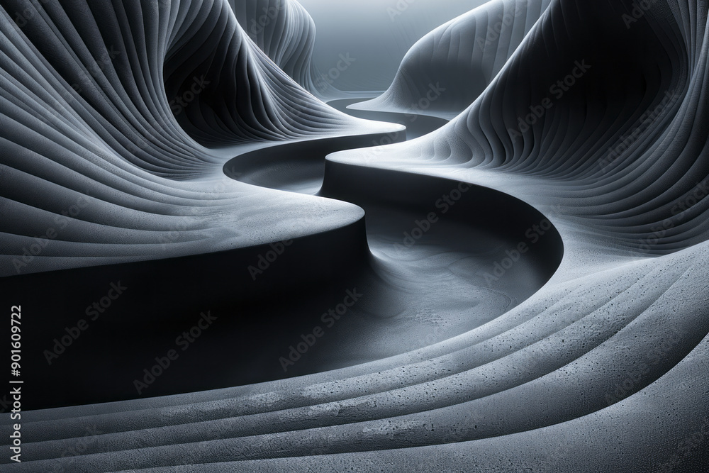 Minimalist aesthetic of elongated dark lines that curve and bend in 3D ...