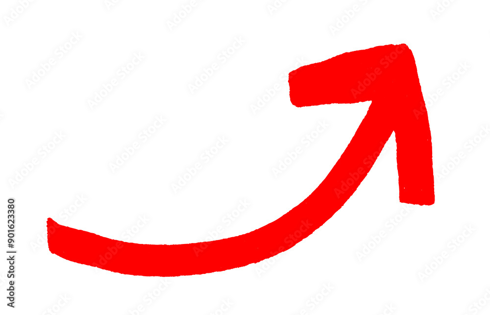 Red arrow right up icon isolated. The arrow sign is drawn by hand with ...