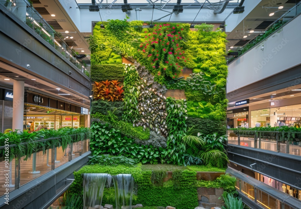 An indoor vertical garden in a shopping mall, with cascading greenery ...