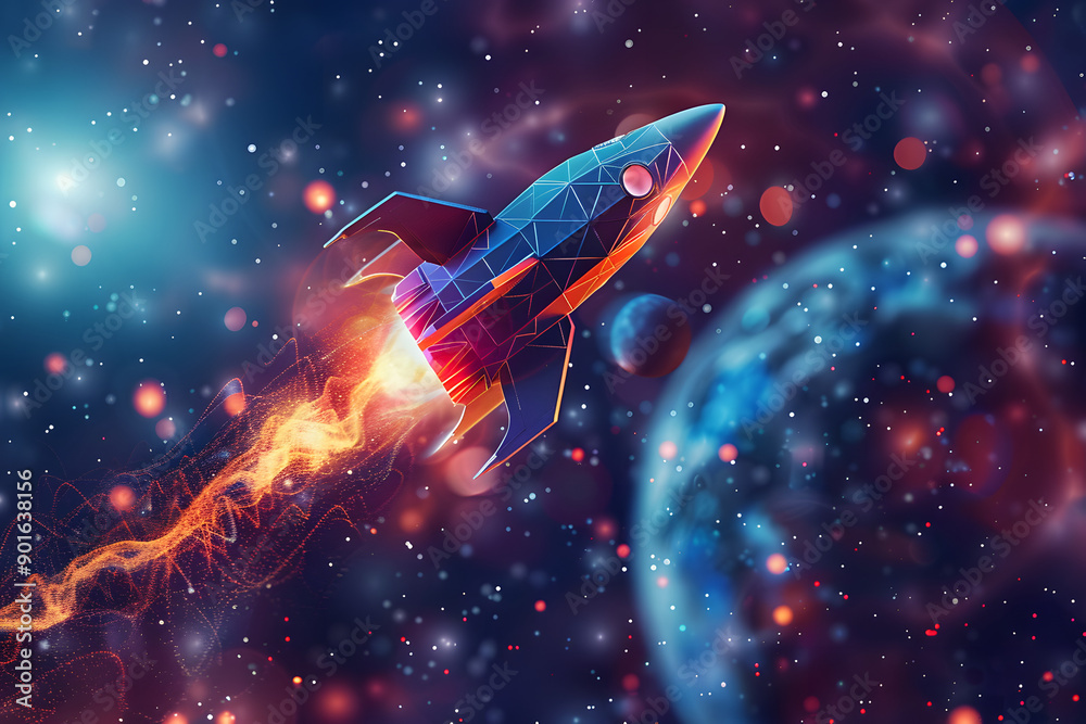 Flying rocket with planets in space. Low poly style design. Abstract ...