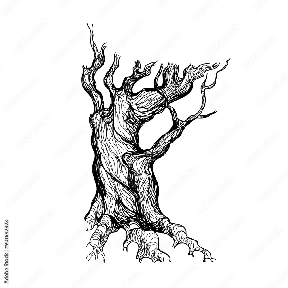 Handsketched vintage vector illustration of old crooked tree. Dry wood ...