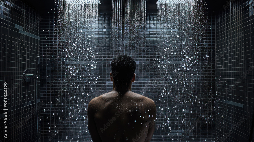 A dynamic photo of a man in the shower, viewed from behind, water ...