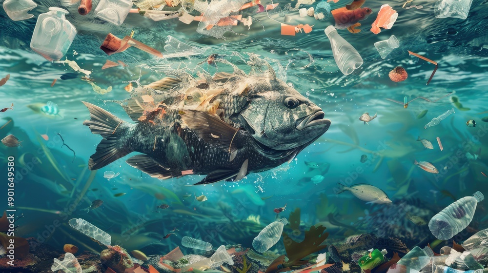 Image of a polluted ocean with dead fish surrounded by plastic waste ...