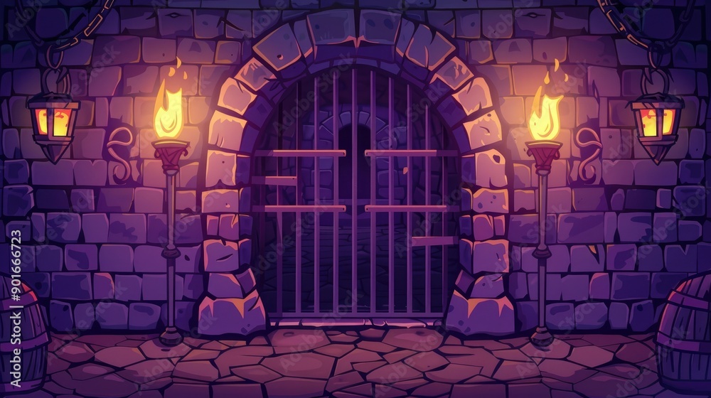 Cartoon illustration of a stone-walled medieval dungeon with torches ...