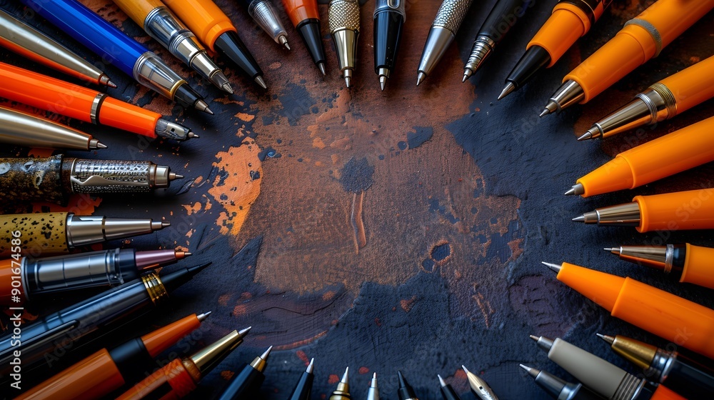 A collection of pens arranged in a radial pattern on a colorful ...