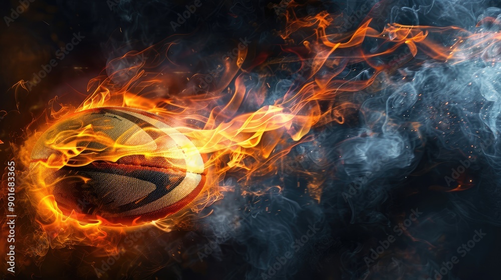 Flaming rugby ball with smoke, against a dark background, creating a ...