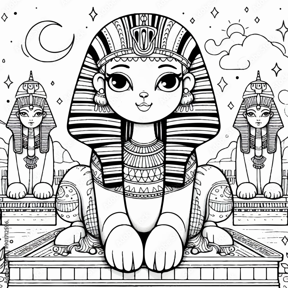 cute female sphinx Egyptian culture style coloring page for kids Stock ...