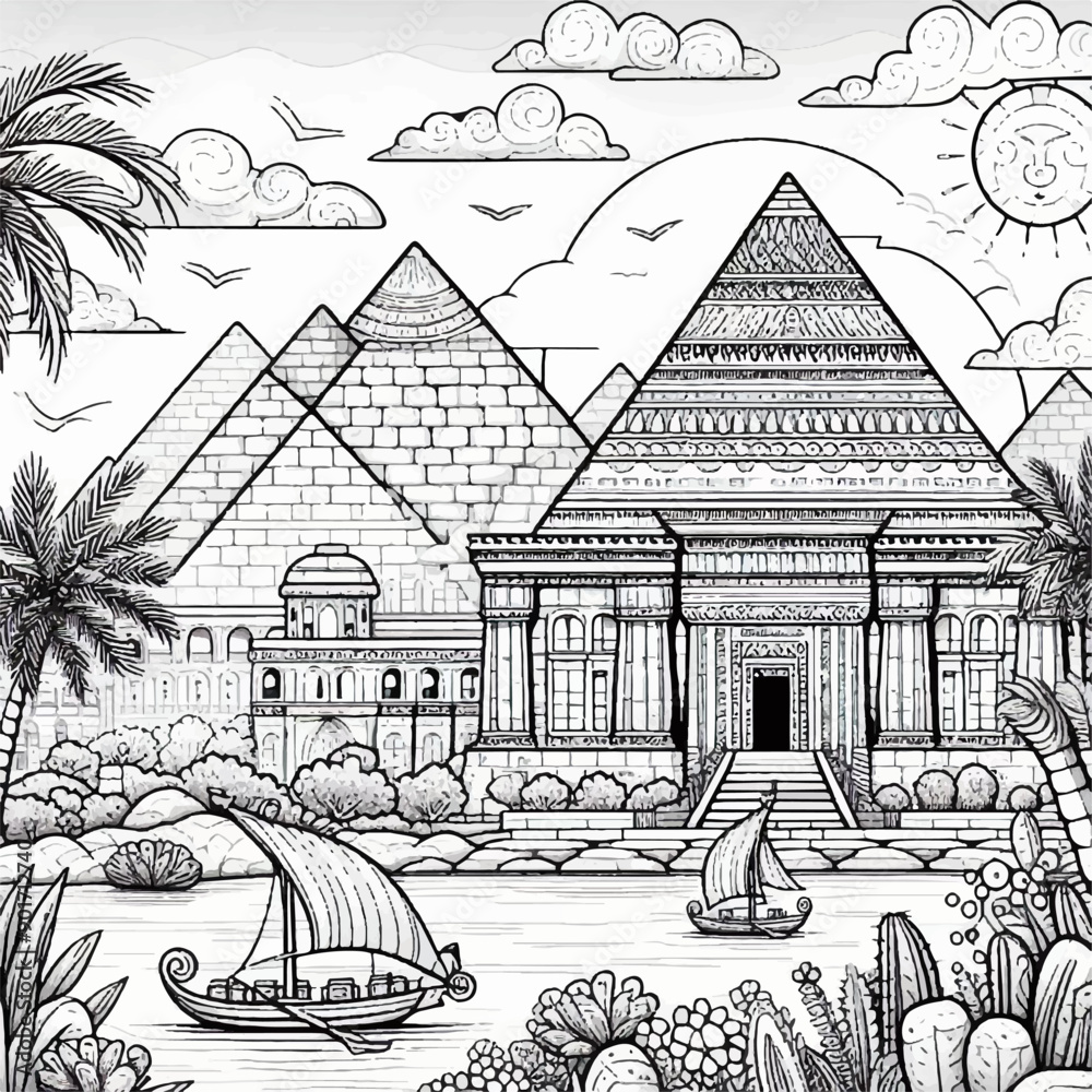 Egyptian culture style coloring page for kids with pyramids Stock ...