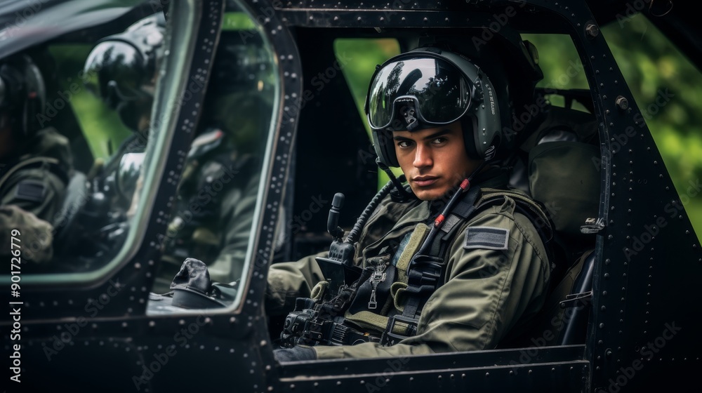 Intense close up of helicopter pilots in helmets inside the cockpit of ...