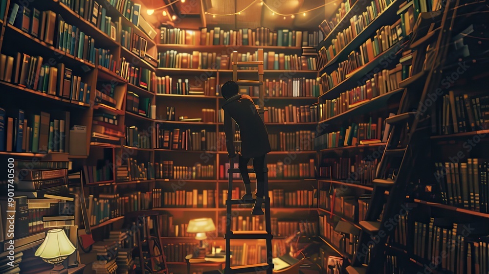 Illustrations of a Person Climbing a Ladder in a Cozy Library. Book ...