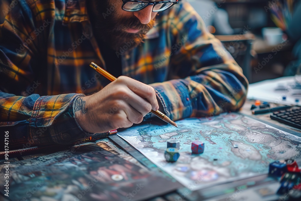 Focused game designer drawing on fantasy map with dice and notes Stock ...