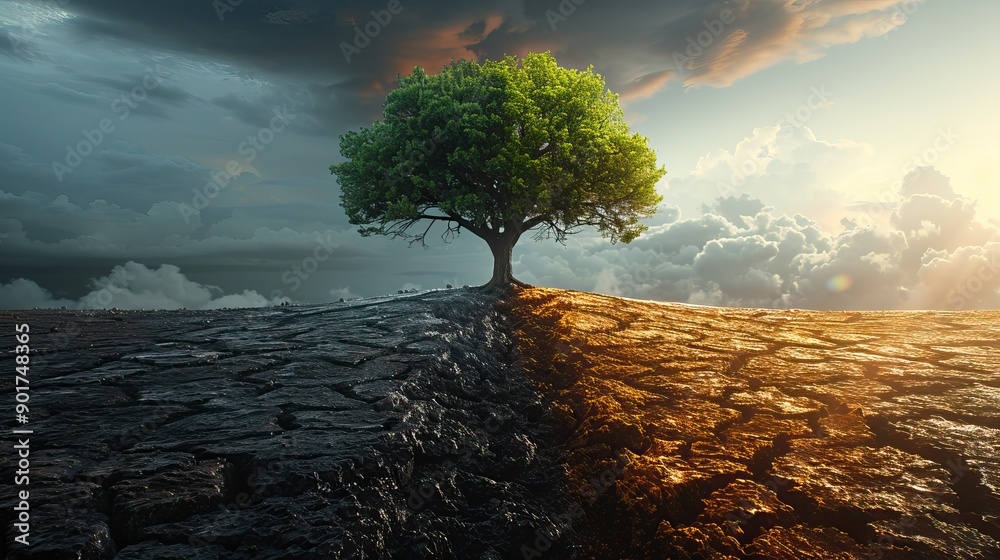 Tree Showing Contrast Between Life and Death or drought and wet ...