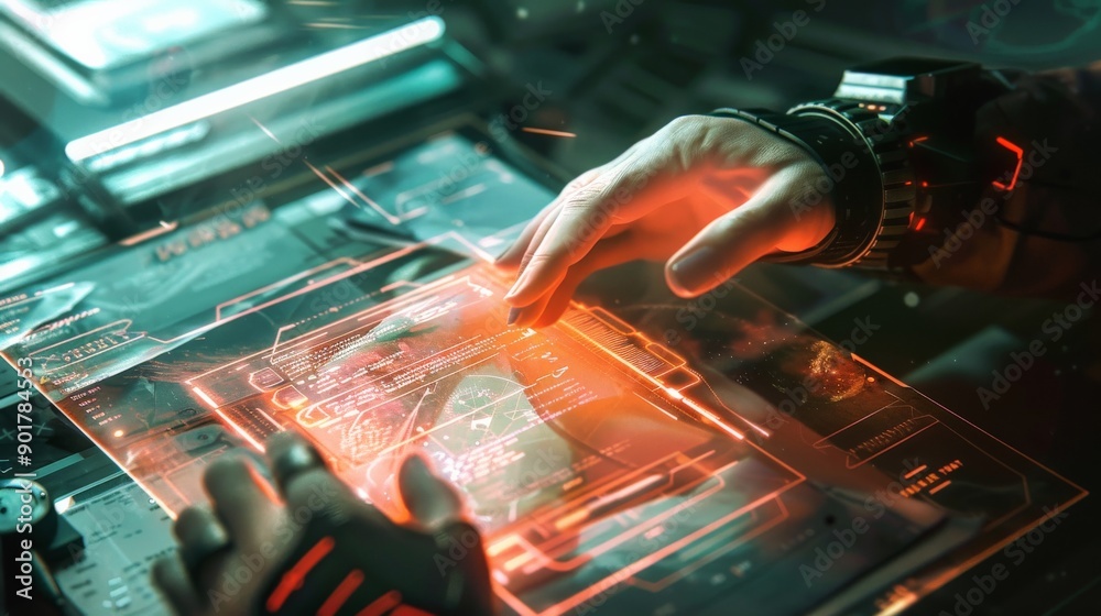 Hands interacting with futuristic touchscreen technology interface, showcasing advanced digital ...