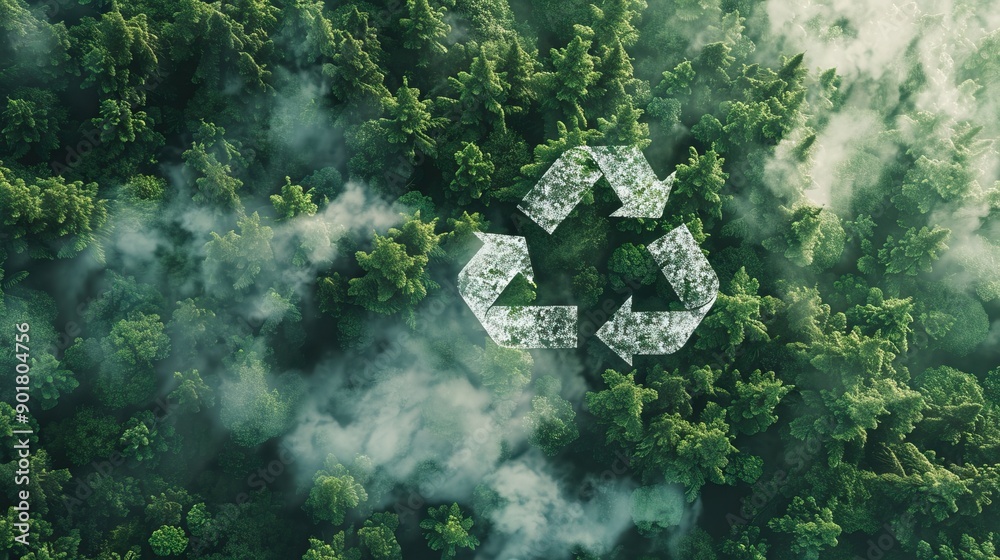Recycling sign and forest background. Ecological waste management and ...