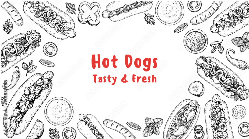 Hot dogs frame. Fast food vector illustration. Hot dog sketch. Hand ...
