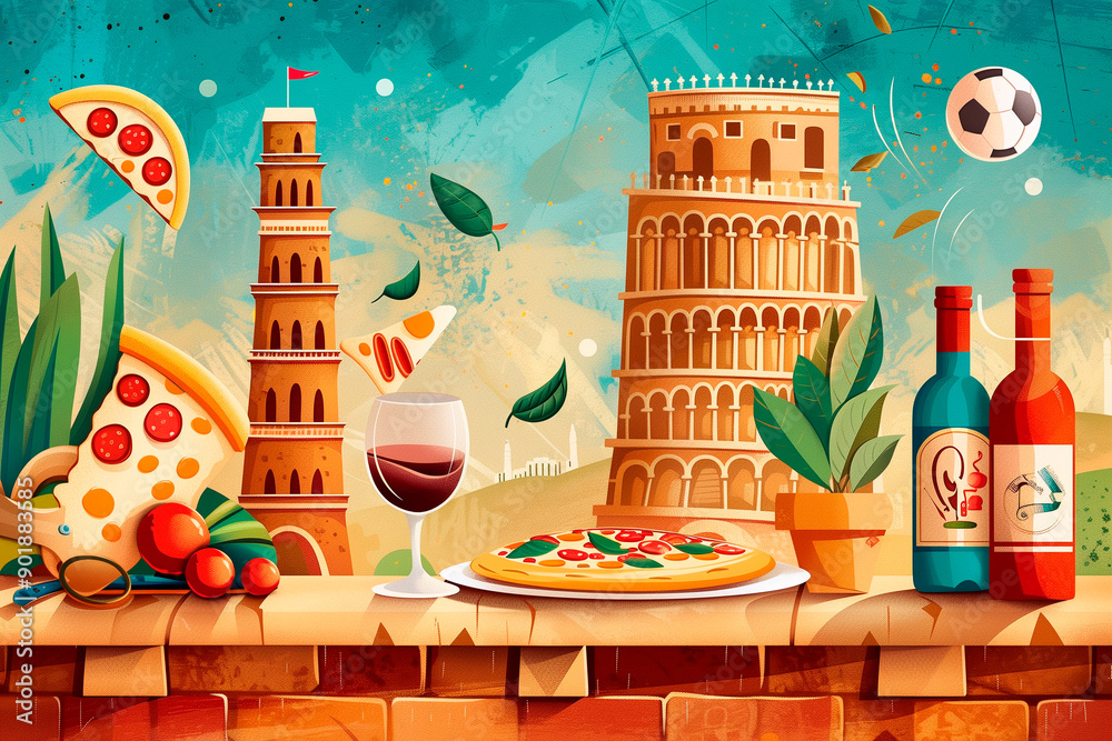 symbols of Italy. Feature items like a slice of pizza, a gondola, the ...