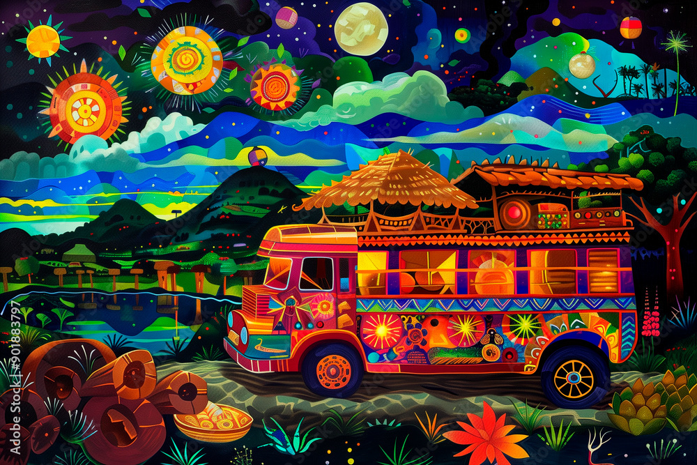 symbols of the Philippines. Include elements such as a jeepney, a ...