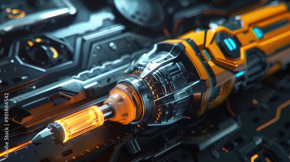 Futuristic weapon with a glowing orange core, set against a backdrop of ...