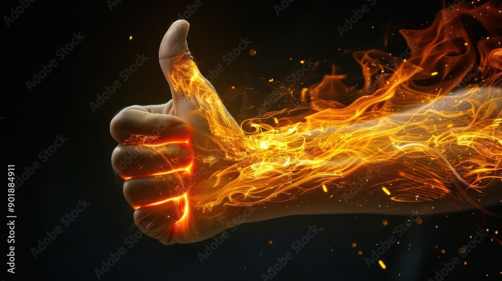 Human hand giving a thumbs-up gesture with a fiery glow emanating from ...