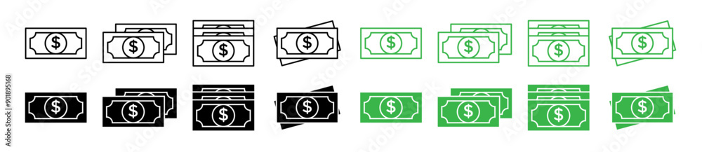 Cash money dollar notes vector icon set. salary banknote stack symbol ...