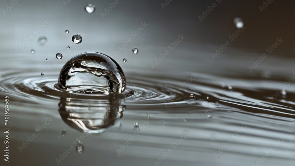 Render an extreme close-up of a water droplet, muted earthy tones, and ...