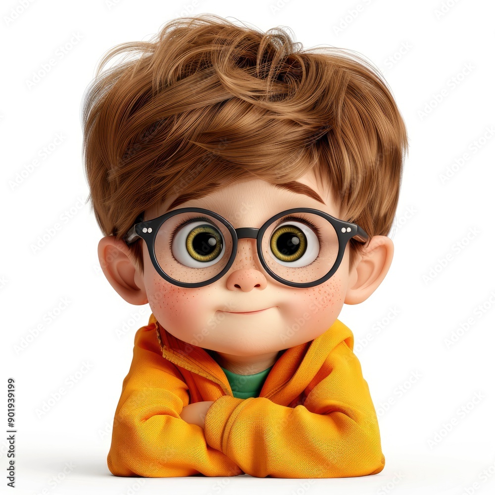 3D Cute Little Boy Wearing Glasses, Looking Studious Stock Illustration ...