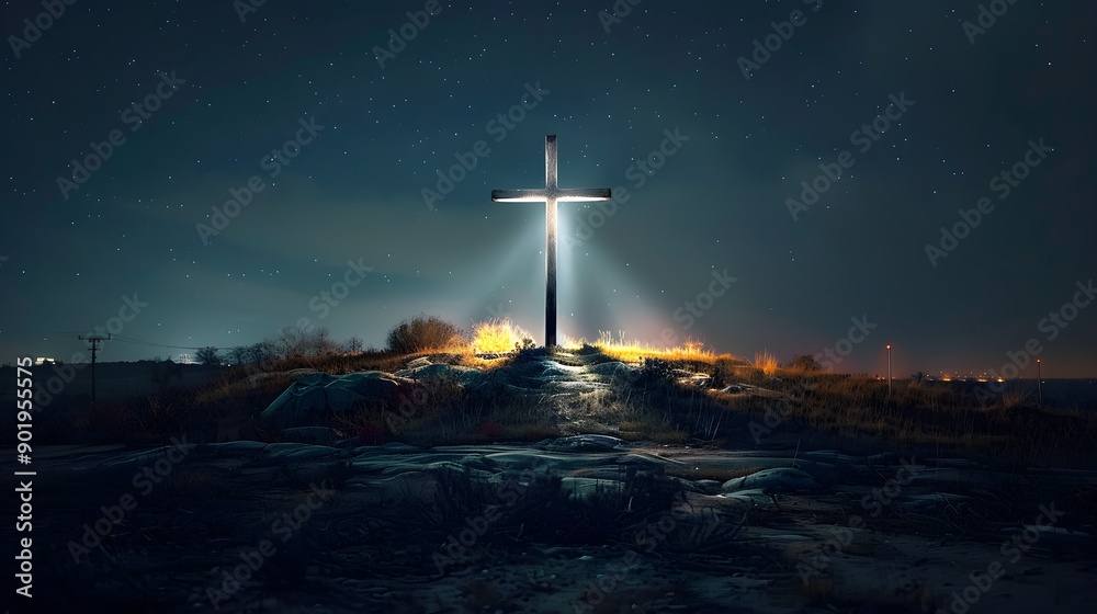 Illuminated cross on a hill, night sky, spiritual symbol, emotional ...