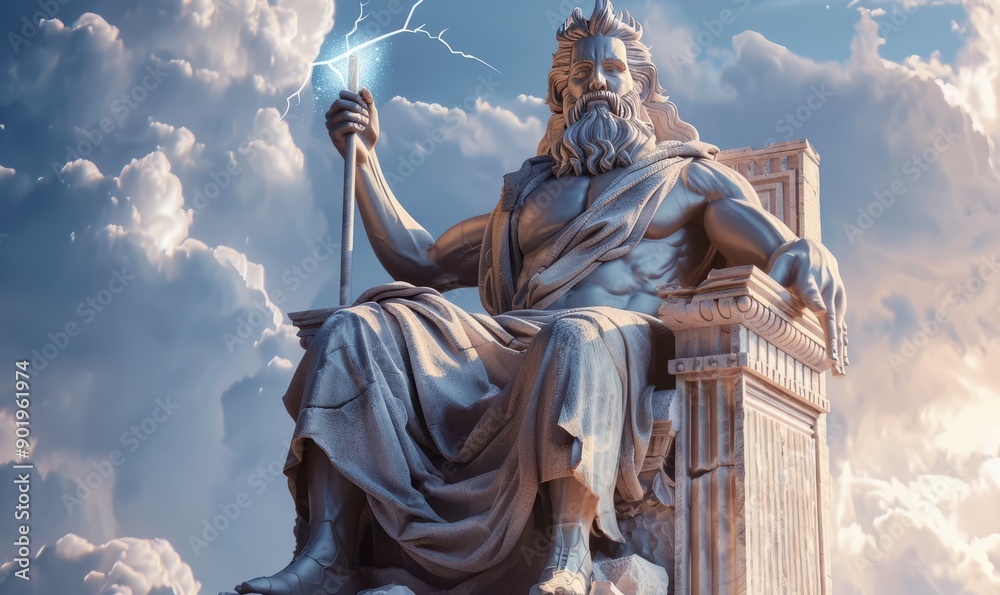 Imposing figure of Zeus seated on his throne atop Mount Olympus, holding a thunderbolt Stock ...