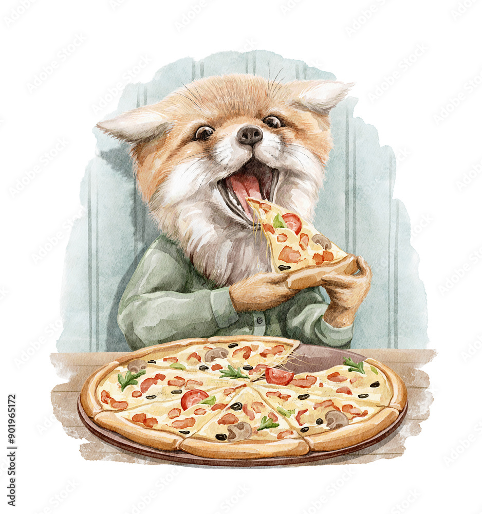 Cute cartoon little red fox character animal in clothes eat round ...