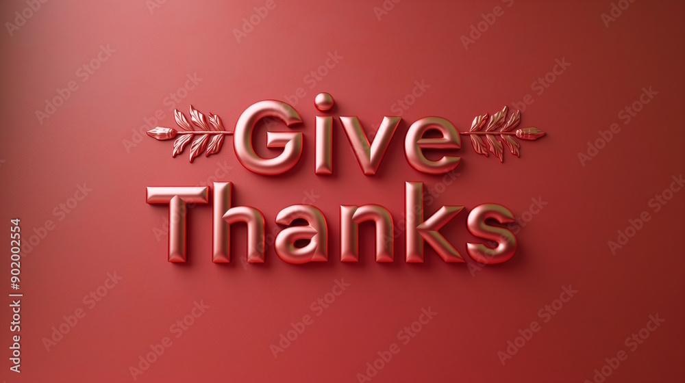 Red metallic "Give Thanks" text with leaves on a red background, ideal ...