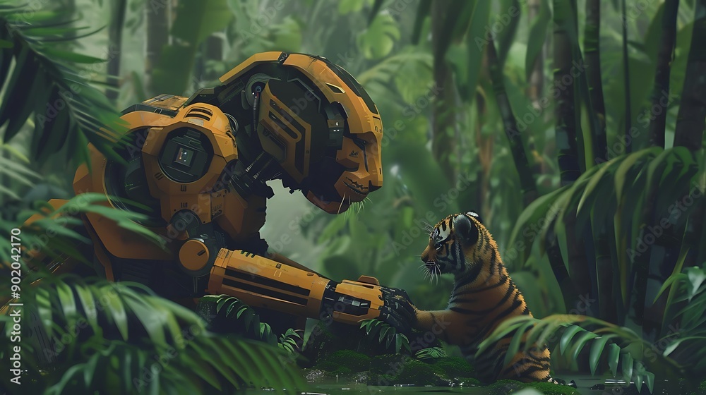 Robot tending to a young Sumatran tiger cub within a tropical forest ...