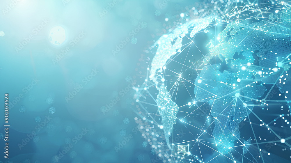 light blue background with a digital world map and global network ...