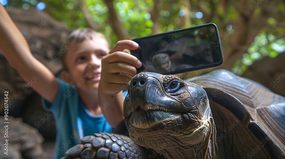 Smiling tourist boy making a selfie using cell phone with Aldabra giant ...